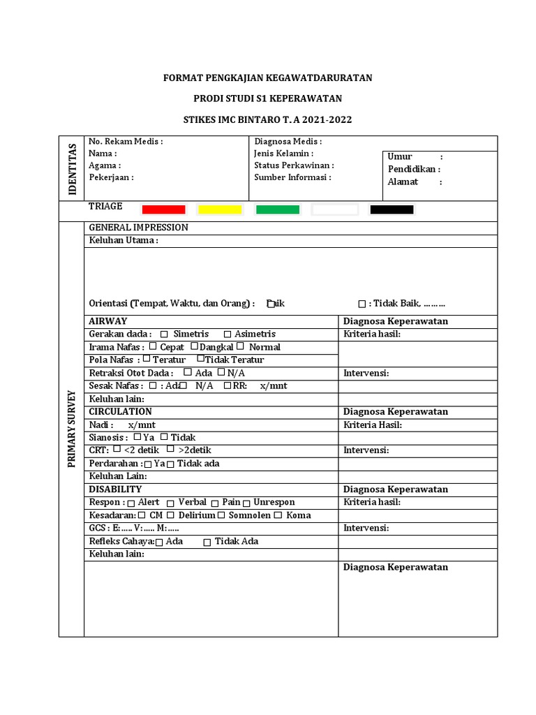 FORMAT PENGKAJIAN KEGAWATDARURATAN DI STIKES IMC BINTARO | PDF