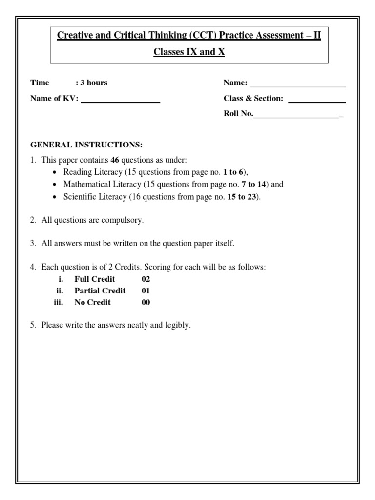 CCT Practice Assessment - Classes IX & X | PDF | Body Mass Index ...