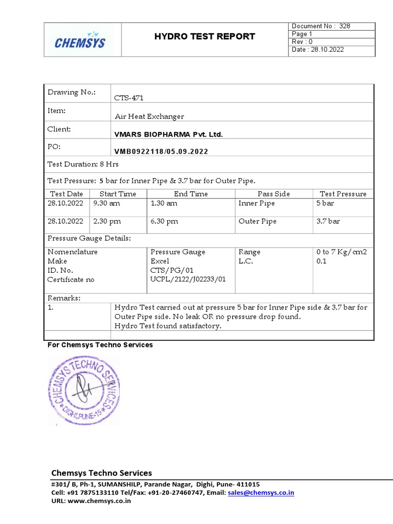 Hydro Test (Air Heat Exchanger) | PDF