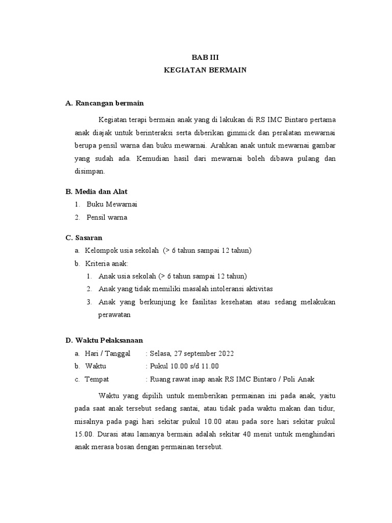 Terapi Bermain Anak di RS IMC Bintaro | PDF