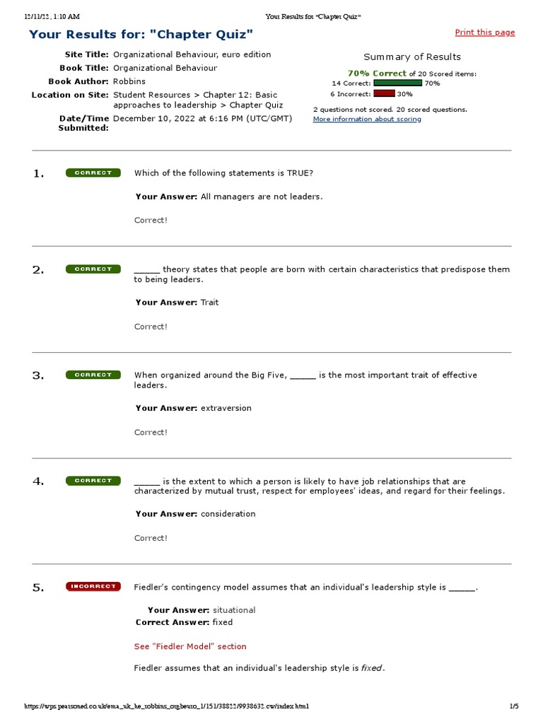 Chapter 12 - Basic Approaches To Leadership, Quiz | PDF | Leadership | Behavioural Sciences