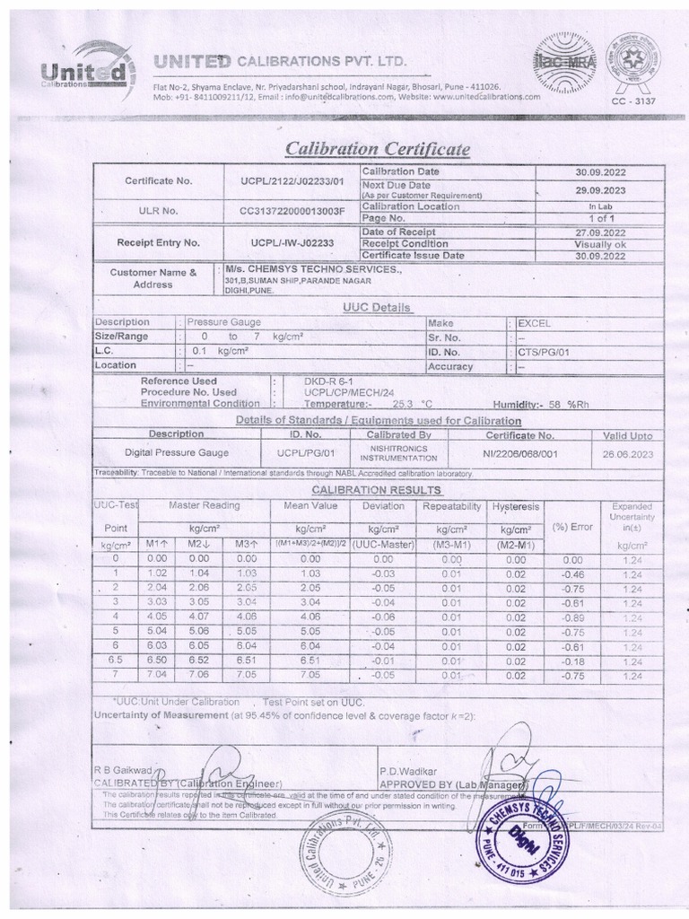Pr Gauge Calibration Cert | PDF
