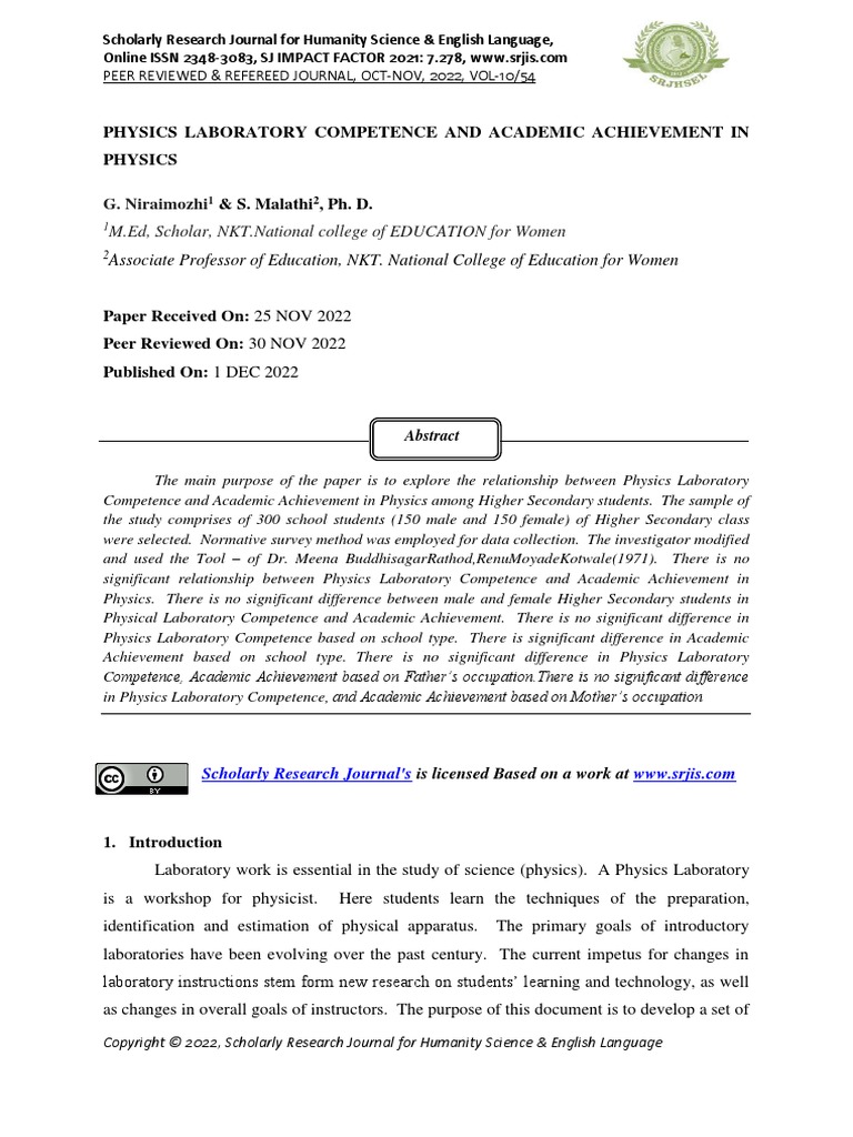 PHYSICS LABORATORY COMPETENCE AND ACADEMIC ACHIEVEMENT IN PHYSICS | PDF ...