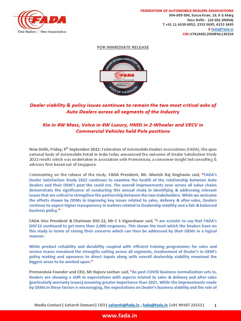 FADA Announces DSS-22 Results | PDF | Survey Methodology | Car