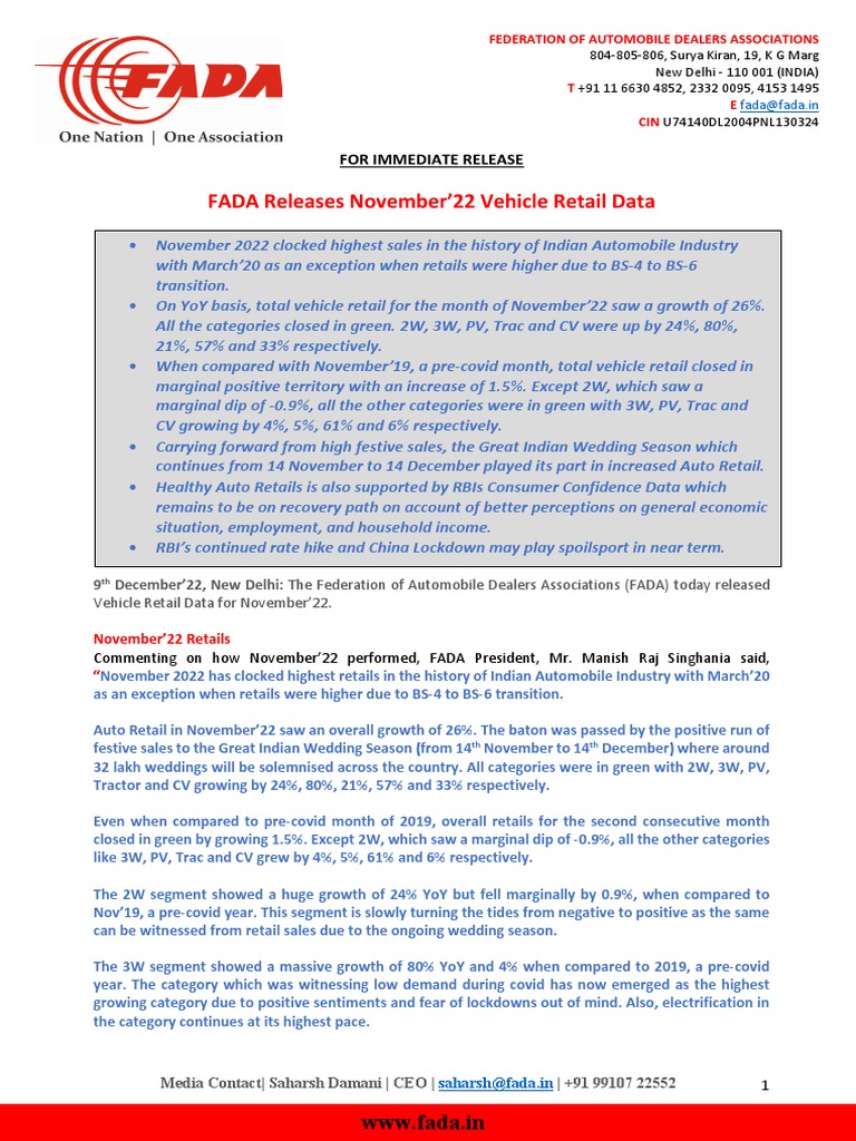 FADA Releases November'22 Vehicle Retail Data | PDF | Motorcycle ...