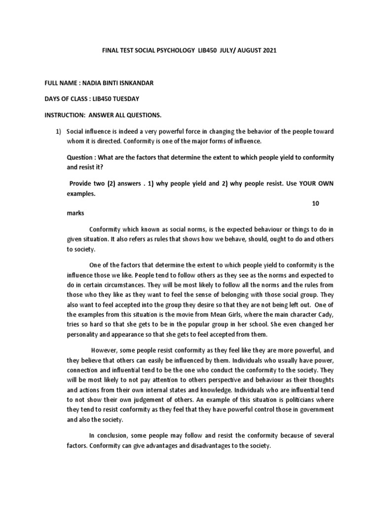 Social Psychology Final Exam Insights | PDF | Conformity | Attitude ...
