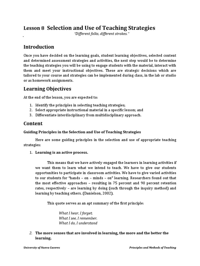 Selecting Effective Teaching Strategies | PDF | Teaching Method | Learning