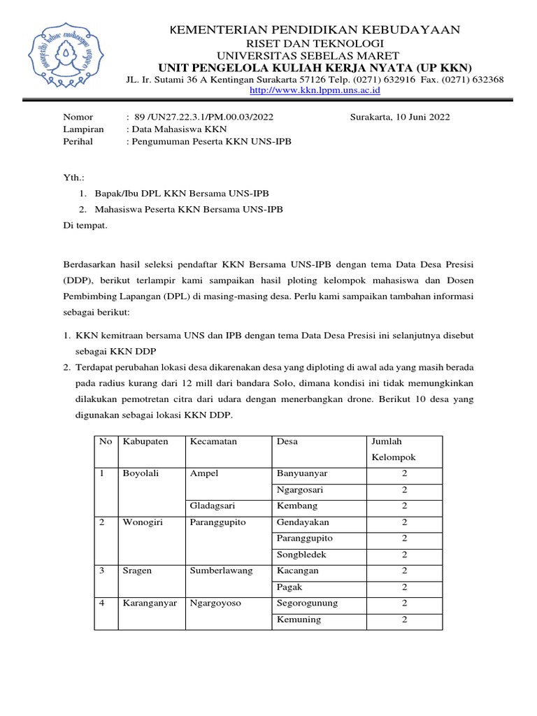 Pengumuman KKN UNS-IPB 2022 | PDF | Sains & Matematika