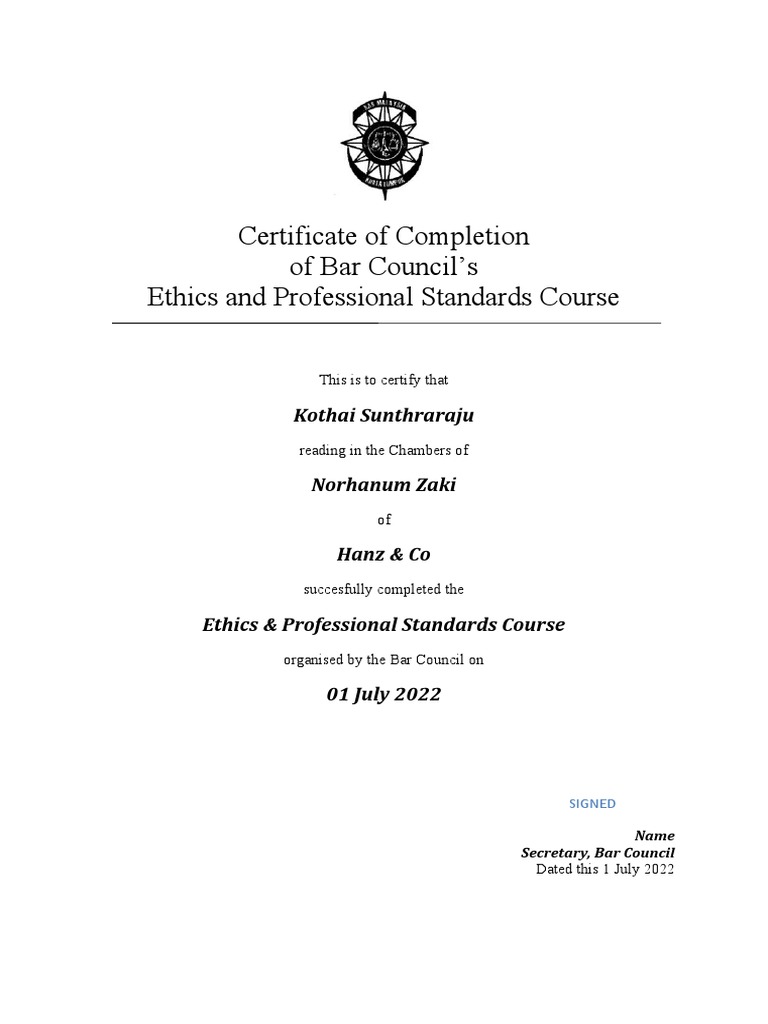 Certificate Ethics Completion | PDF