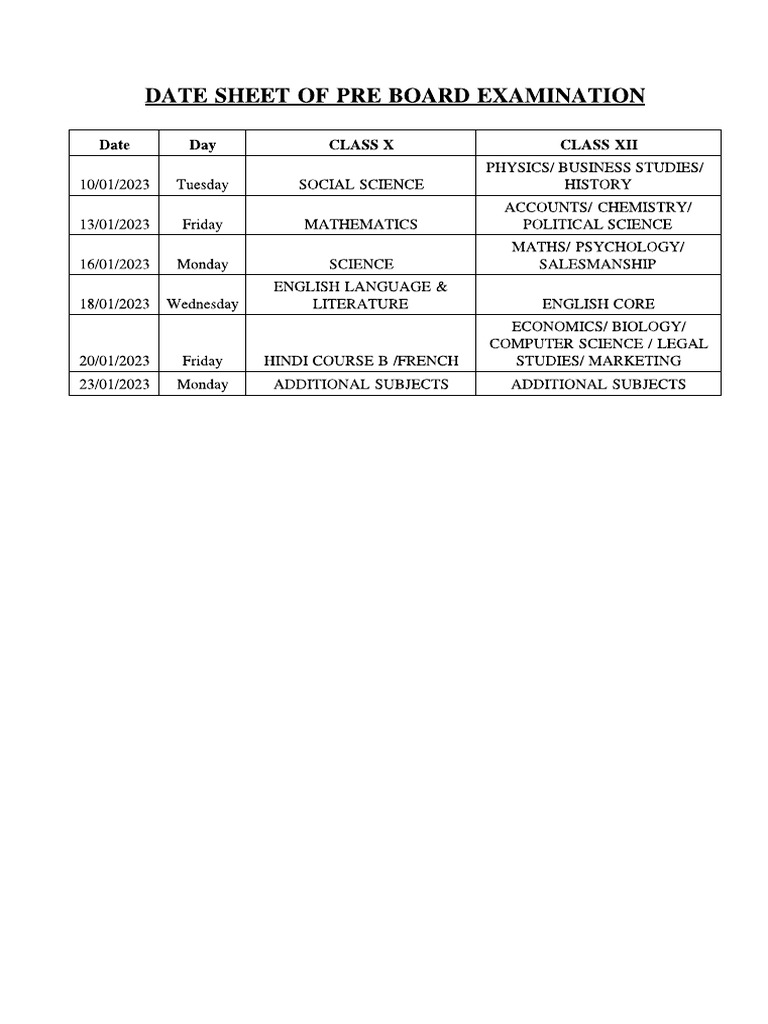 Date Sheet Pre Boards | PDF