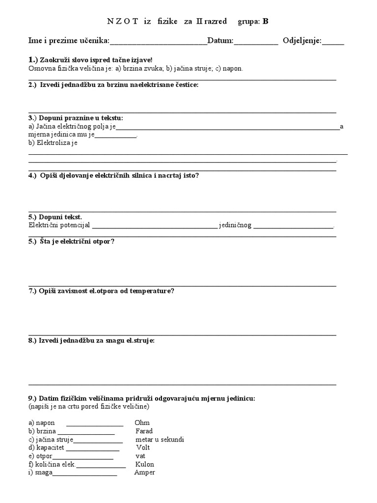 N Z O T Iz Fizike Za II Razred | PDF