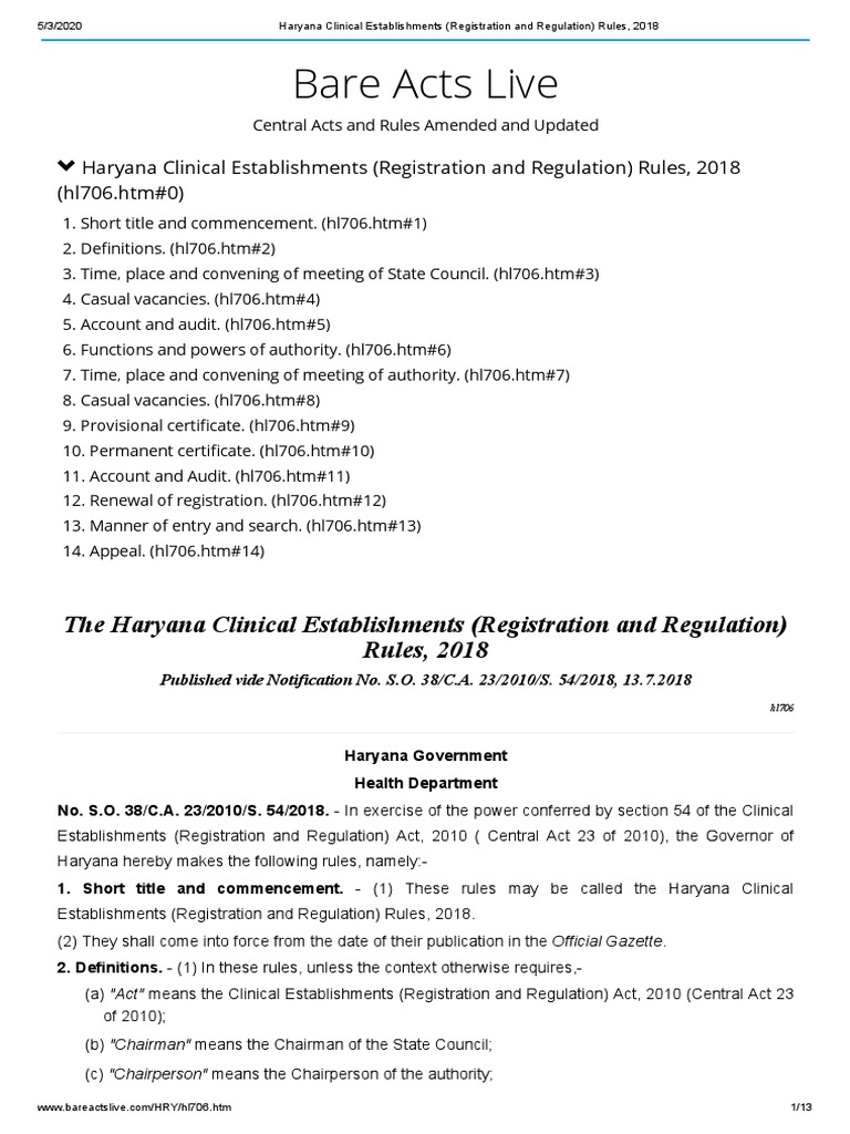 Haryana Clinical Establishments (Registration and Regulation) Rules ...