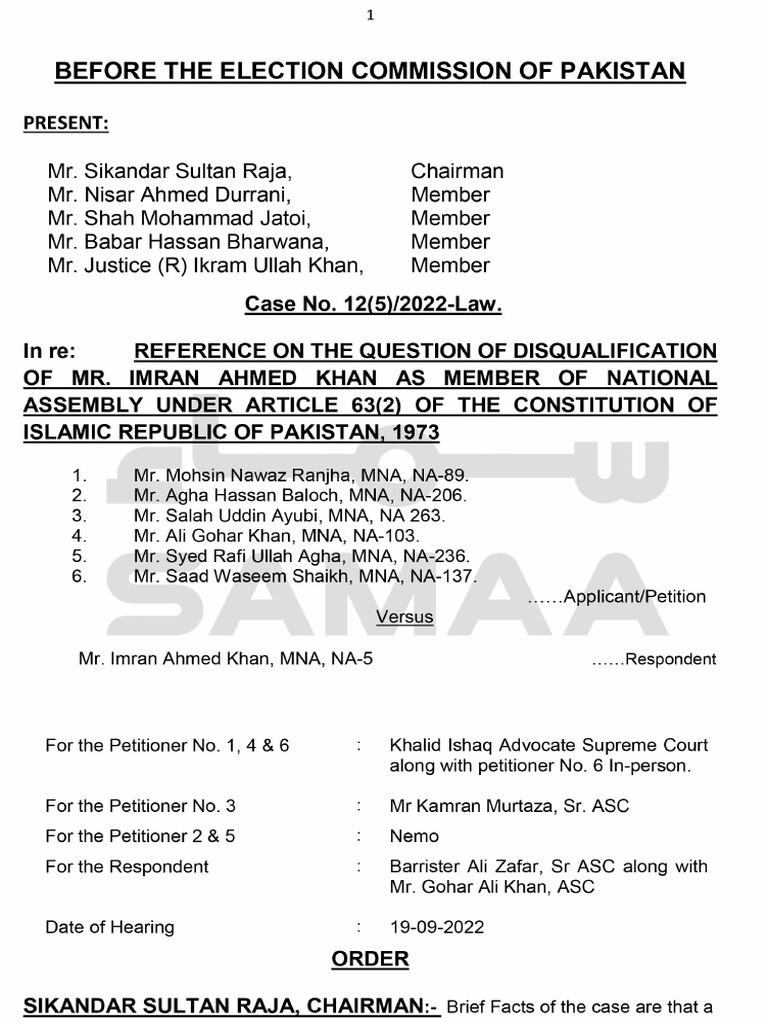 ECP Order On Imran Khan Disqualification in Tosha Khana Reference | PDF ECP Order On Imran Khan Disqualification in Tosha Khana Reference | PDF
