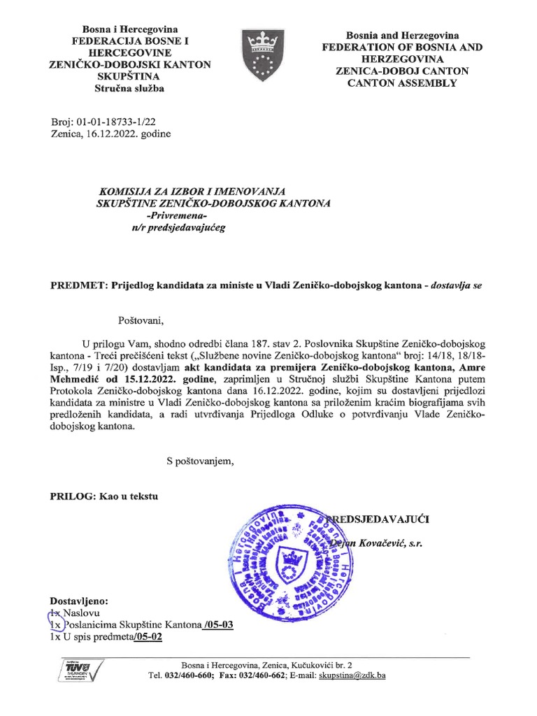 PRIJEDLOG KANDIDATA ZA MINISTRE U VLADI ZDK Dostavlja Se | PDF