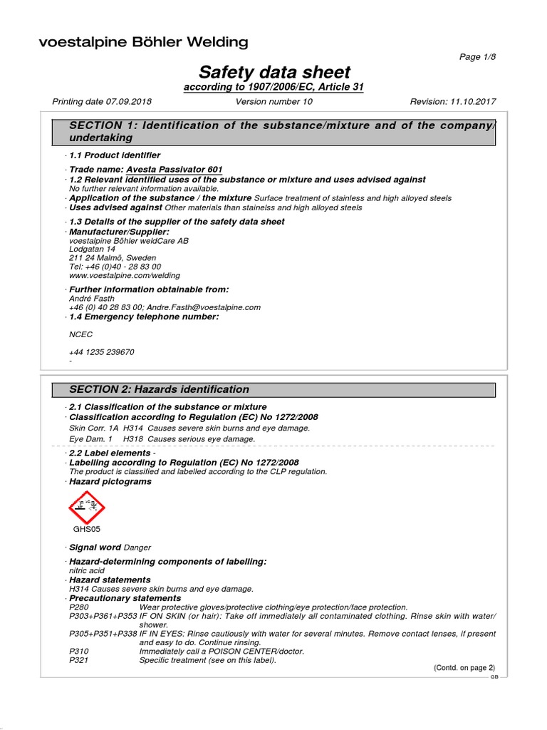 MSDS - Avesta Passivator 601 | PDF | Toxicity | Personal Protective ...