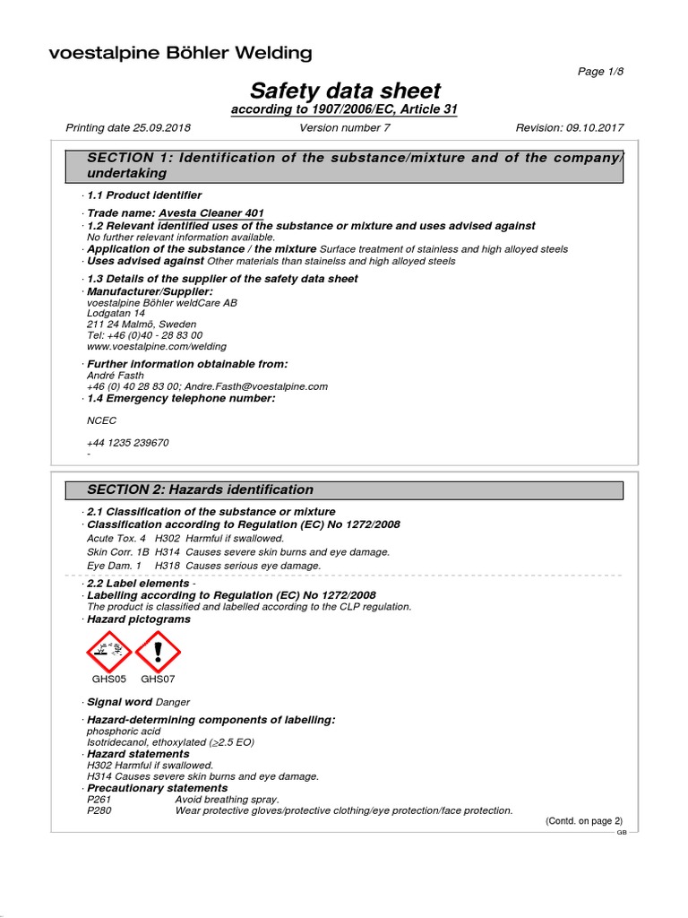 MSDS - Avesta Cleaner 401 | Download Free PDF | Toxicity | Dangerous Goods