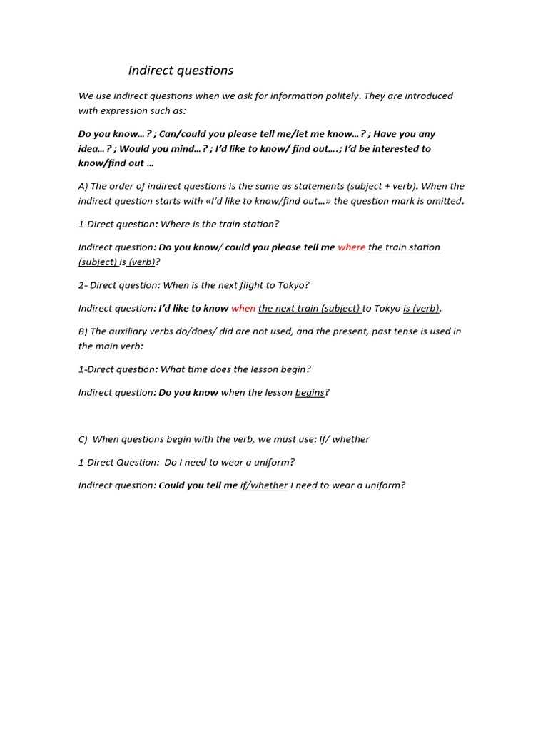 Indirect Questions | PDF | Question | Verb
