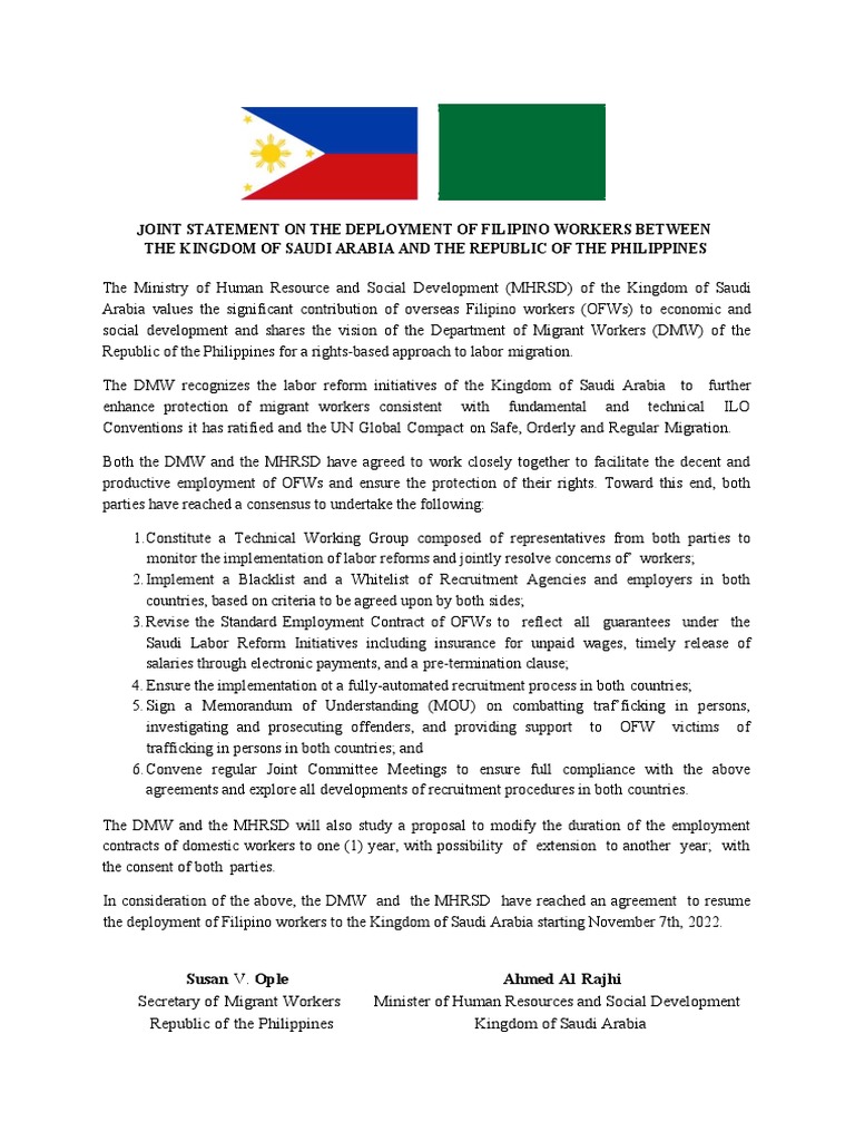 Joint Statement On The Deployment of Filipino Workers Between The ...