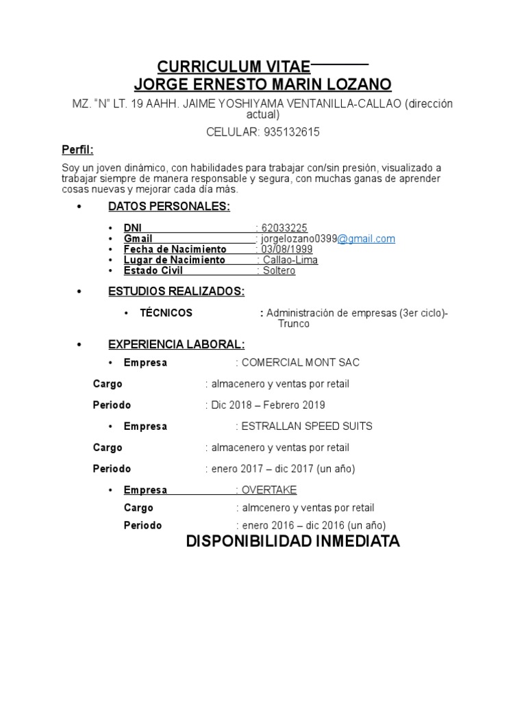 Curriculum Vitae Jorge Ernesto Marin Lozano | PDF