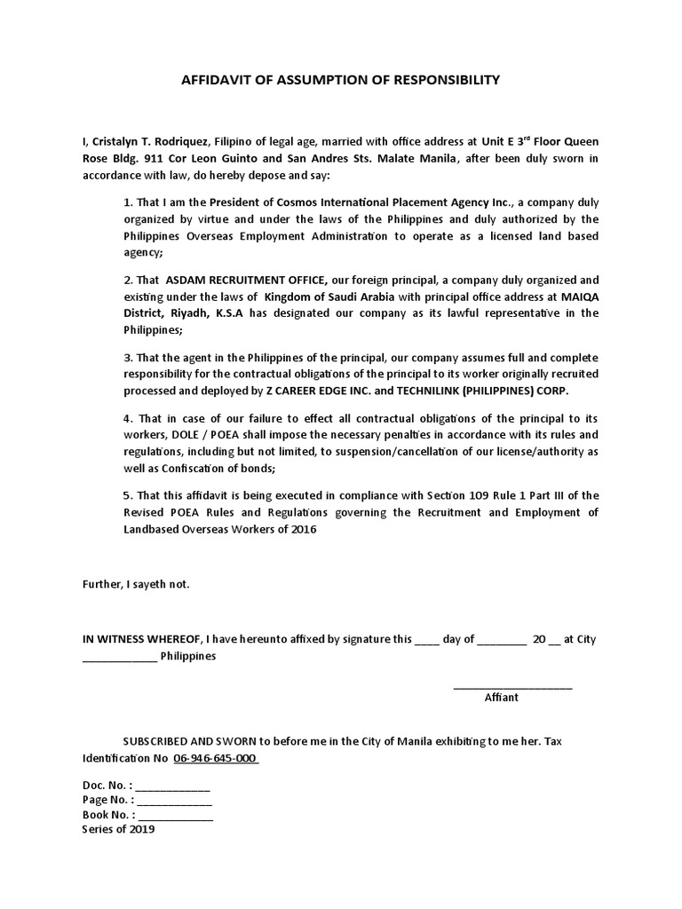 affidavit of assumption of responsibility | PDF