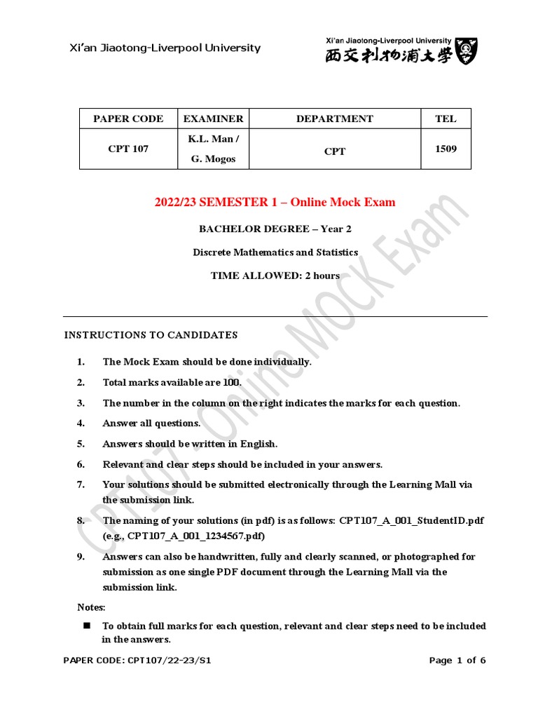 Cpt107 Online Mock Exam PDF Mathematical Concepts Mathematical