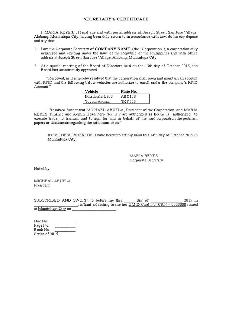 Secretary Certificate - RFID | PDF | Business | Law