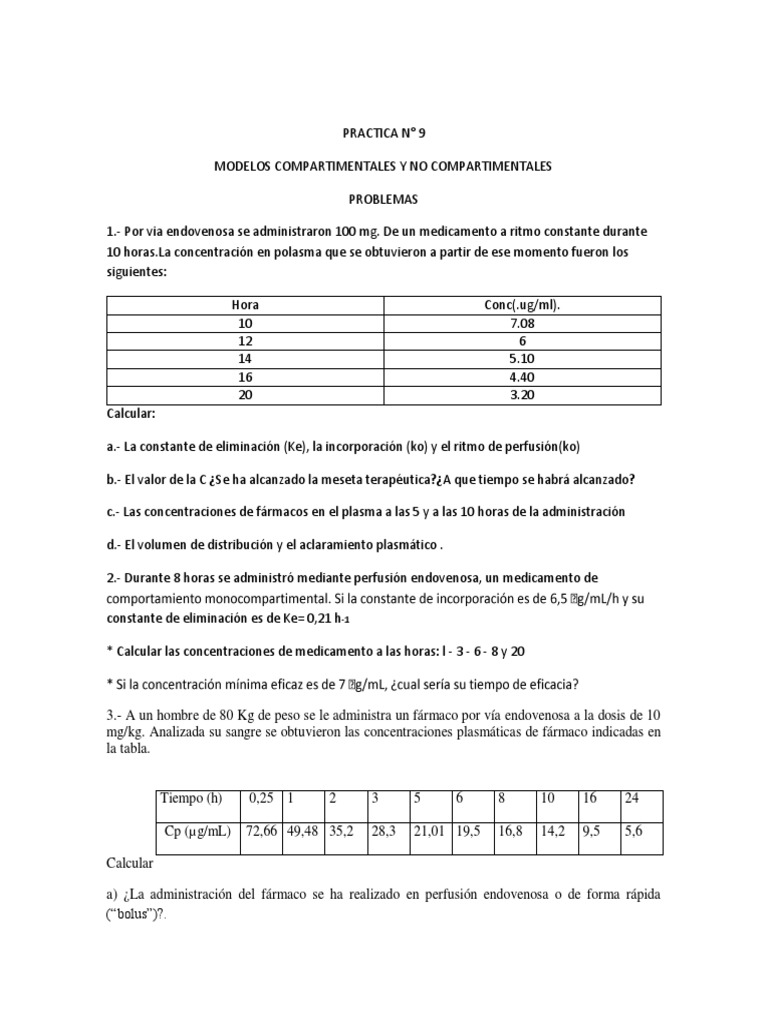 Practica No 9 Problemasmod Comp y No Comp. | PDF | Farmacocinética | Medicamentos con receta