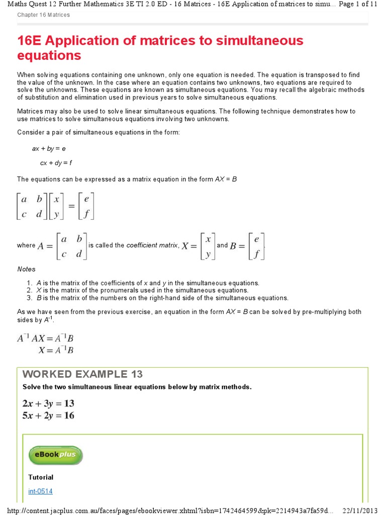 16E Application of Matrices To Simultaneous Equations: Worked Example ...