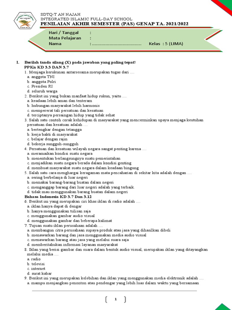 Soal Kelas 5 TEMA 9 PAS Semester Genap 2022 | PDF
