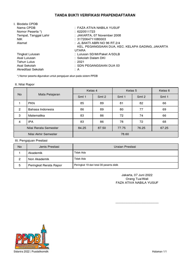 Sidanira TandaBukti Prapendaftaran 220511723 | PDF
