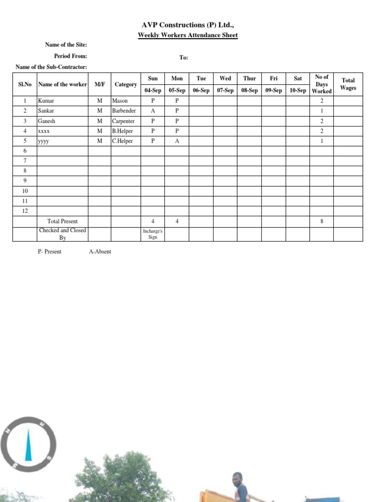 Weekly Labour Attendance Sheet | PDF