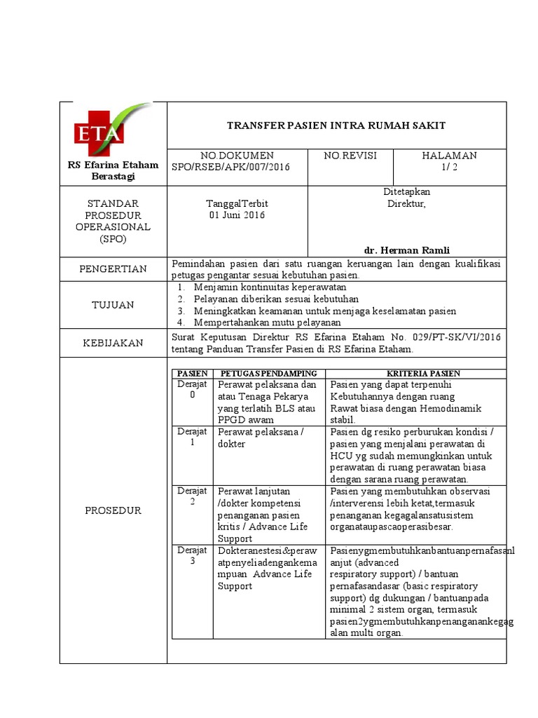 SPO Kriteria Transfer Intra Dan Antar Rumah Sakit (Derajat) | PDF ...