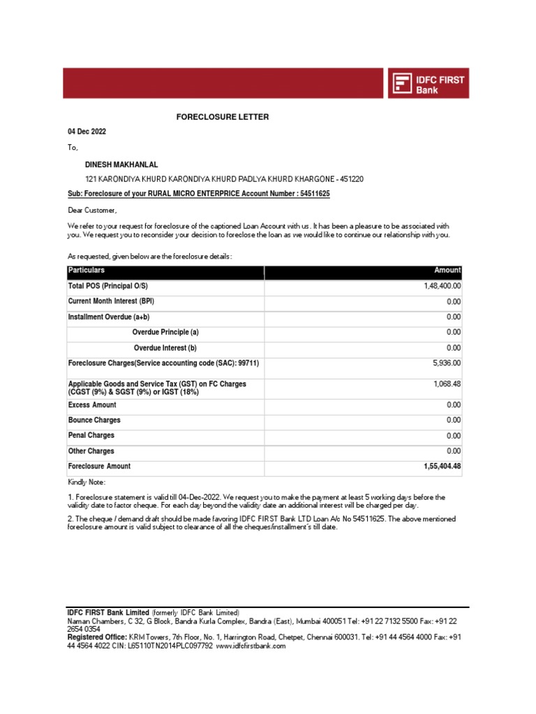 IDFC | PDF | Cheque | Foreclosure