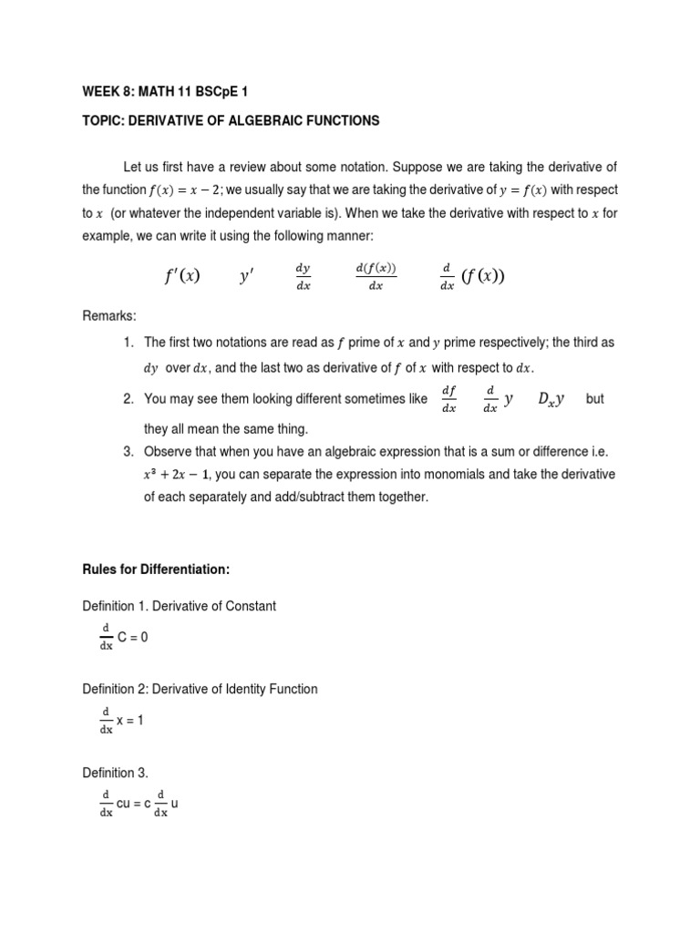 Derivatives of Algebraic Functions | PDF | Derivative | Function ...