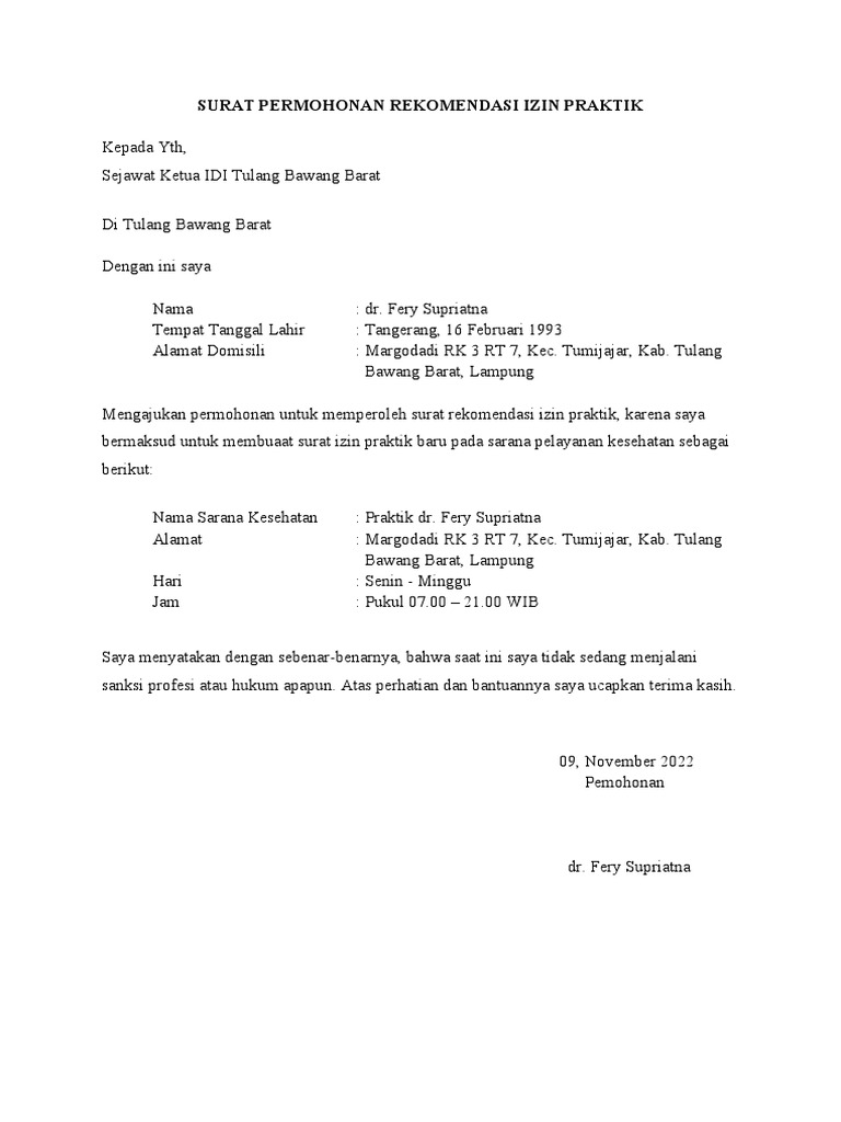 Surat Permohonan Rekomendasi Izin Praktik TBB | PDF