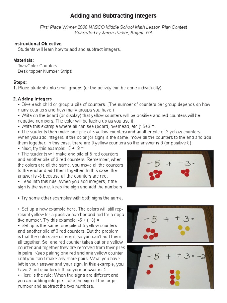 Adding and Subtracting Integers with Counters | PDF | Subtraction | Numbers