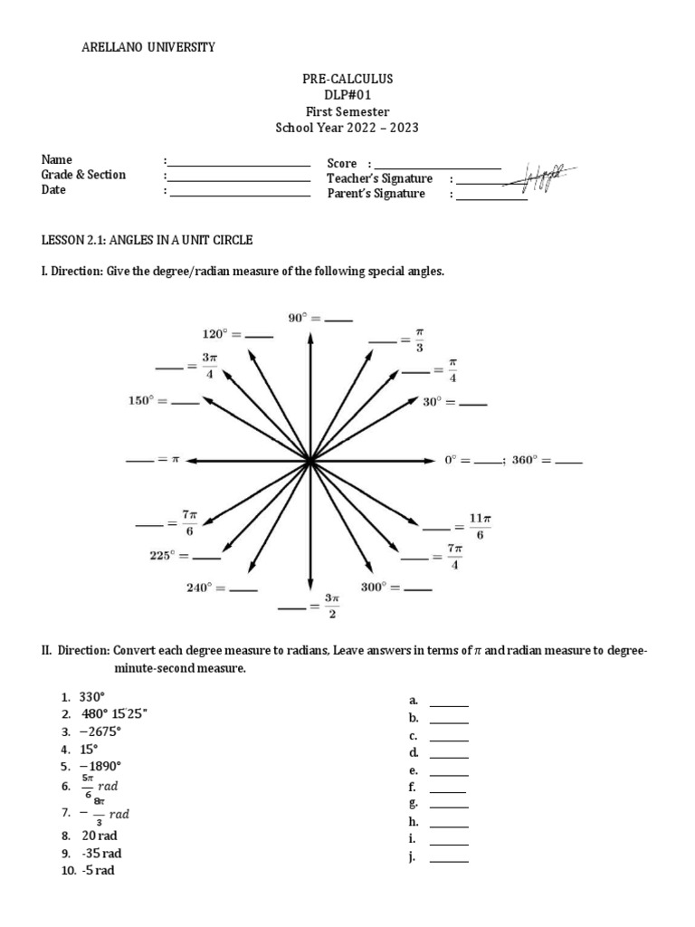 DLP-L01 - Angles in A Unit Circle (Pre-Cal) | PDF | Angle | Minute And ...