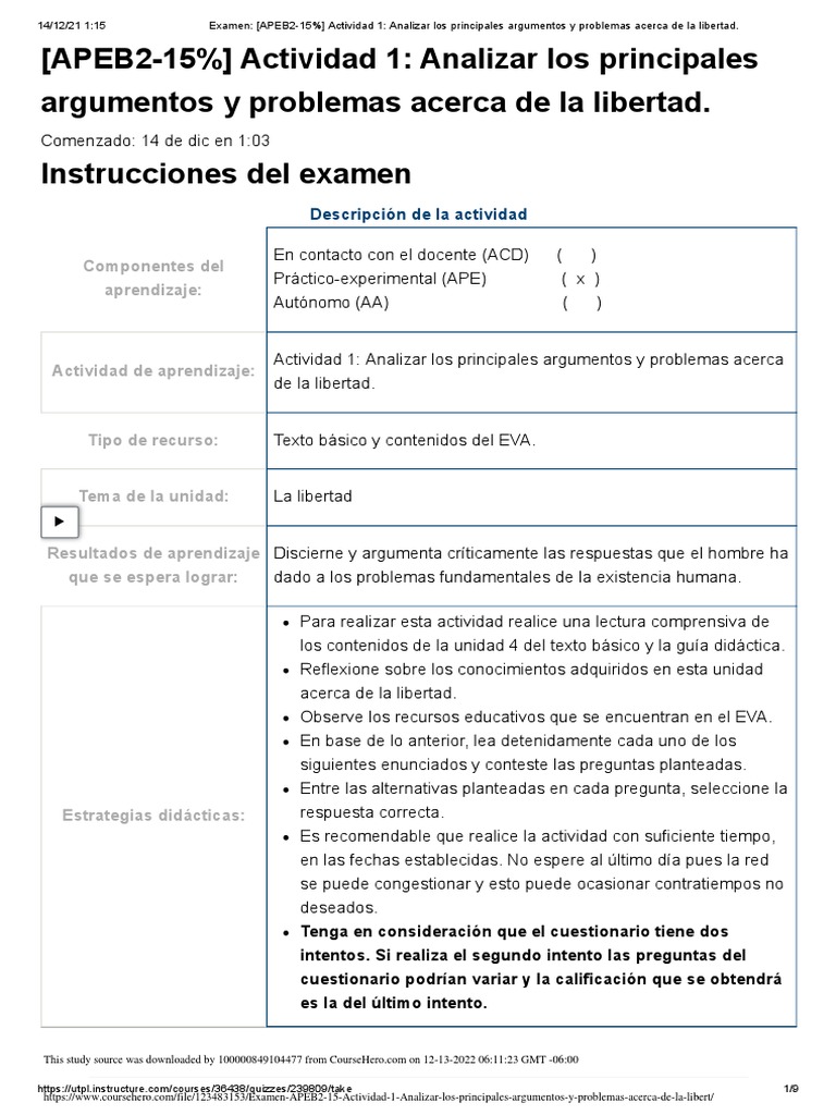 Examen APEB2 15 Actividad 1 Analizar Los Principales Argumentos y Problemas Acerca de La Libert ...