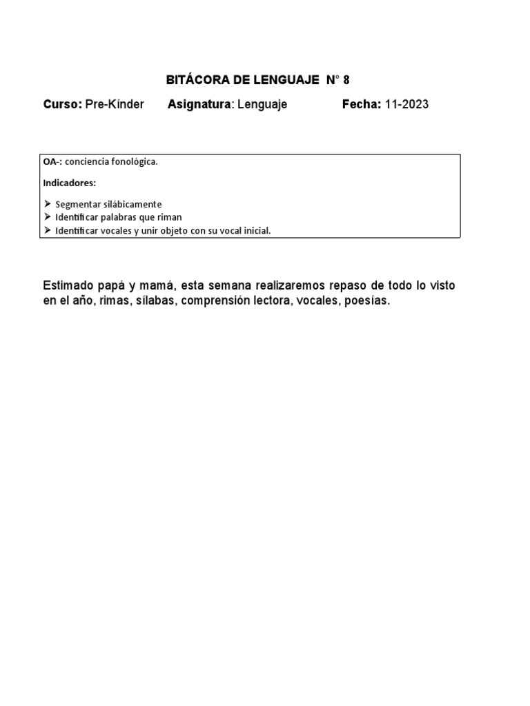 Bitácora de Aprendizaje Lenguaje 8 | PDF