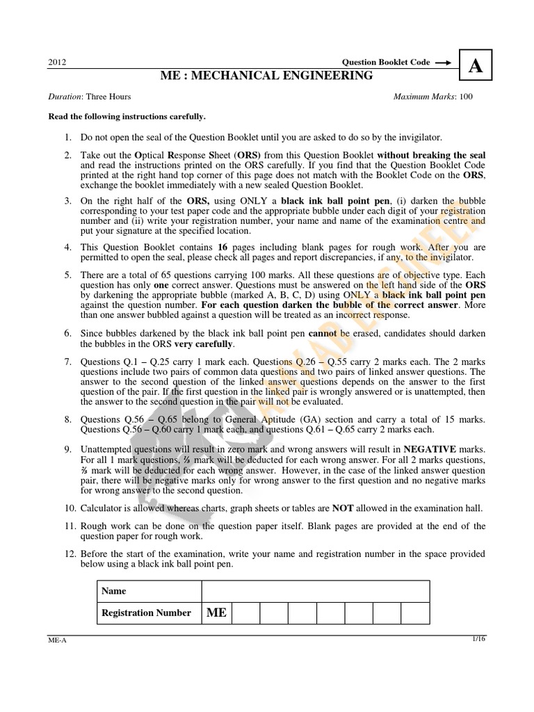 PIEAS Fellowship MS Mechanical Engineering Paper 2012 | PDF