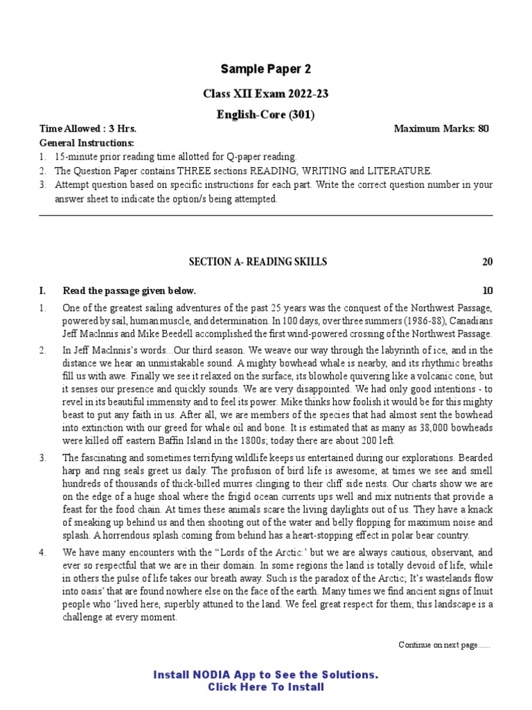 EN Sample Paper 2 Unsolved | PDF | Northwest Passage | Poetry