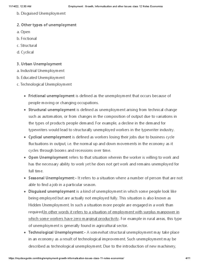 Employment - Growth, Informalisation and Other Issues Class 12 Notes ...
