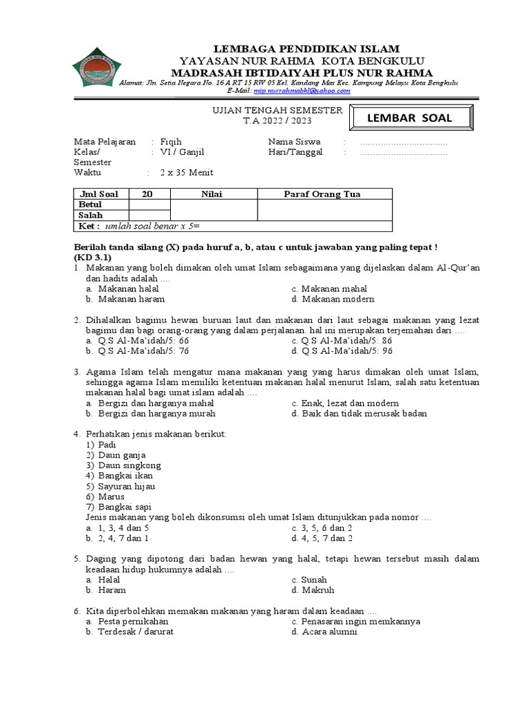 Soal Uts Kelas VI 2022 | PDF