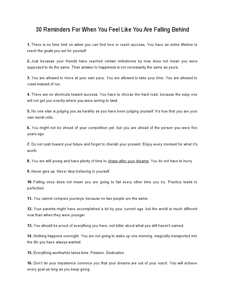 30 Reminders For When You Feel Like You Are Falling Behind | PDF | Self ...