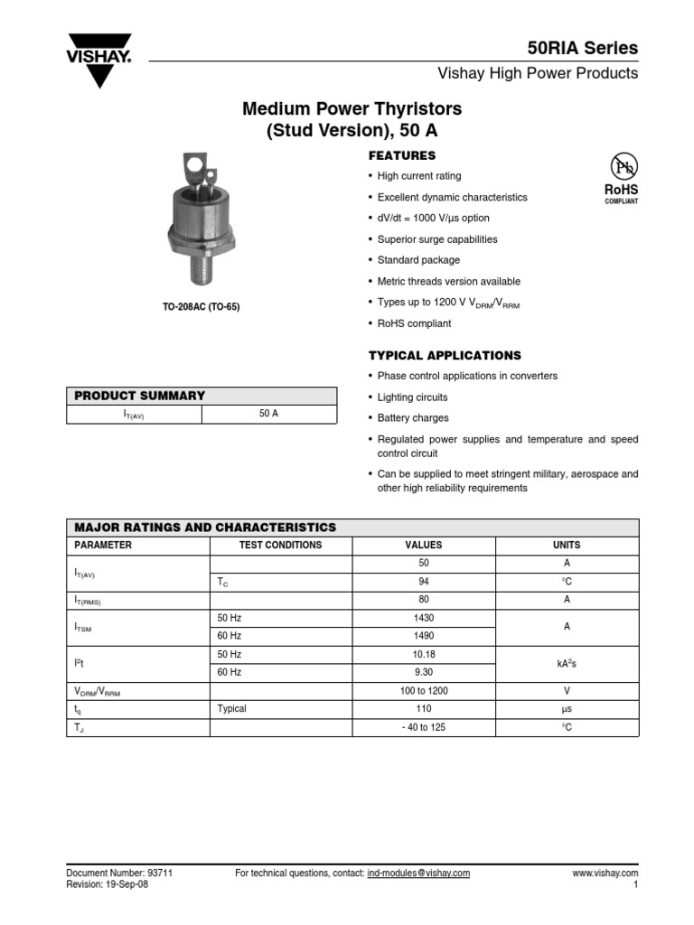 Thyristor_50A_600V_50RIA | PDF | Electrical Engineering | Electricity