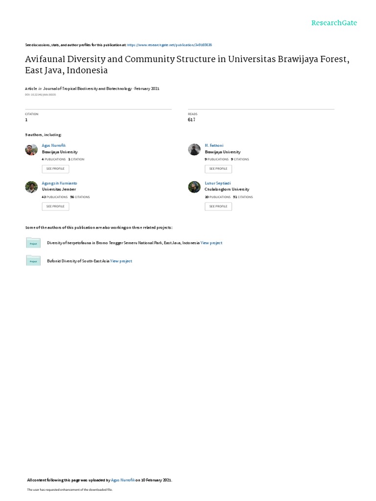 Avifaunal Diversity and Community Structure in Universitas Brawijaya Forest, East Java ...