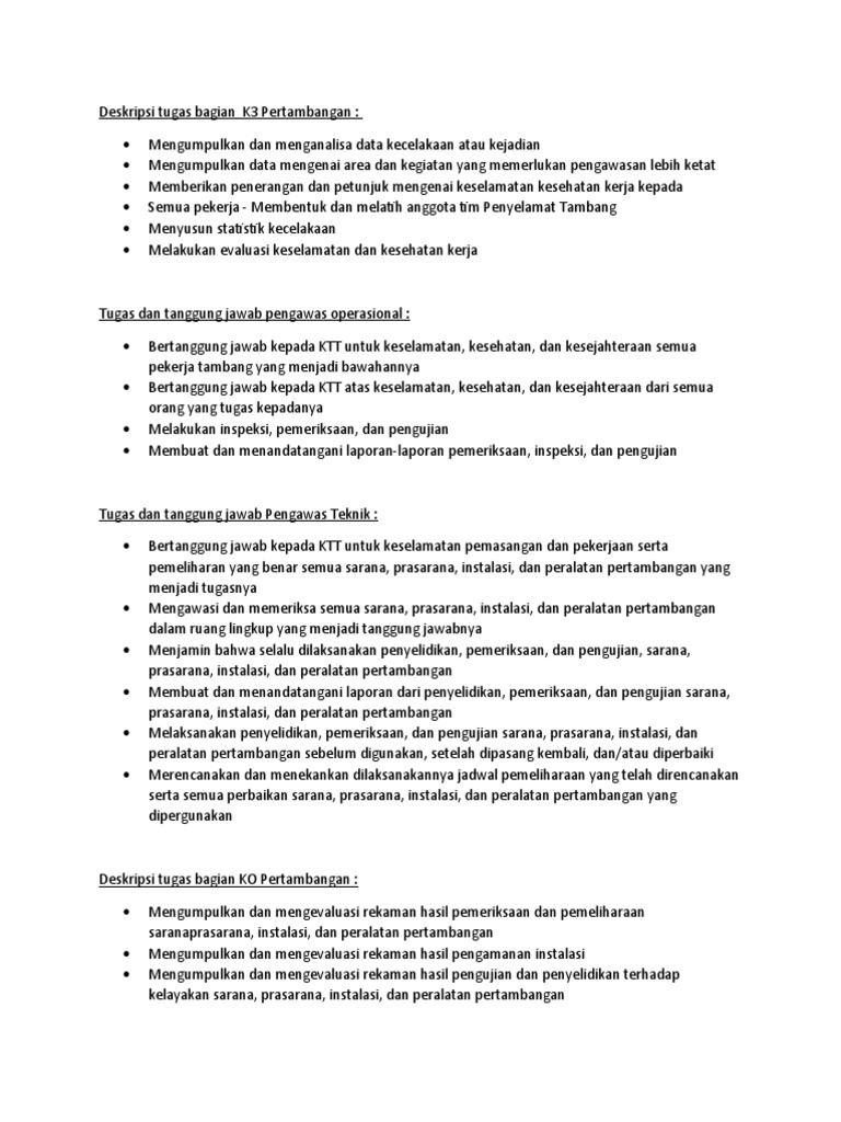 Deskripsi Tugas Bagian K3 Pertambangan | PDF