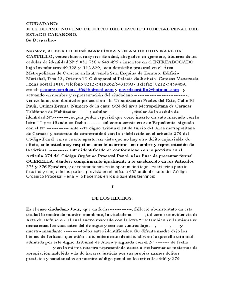 QUERRELLA Apropiacion Indebida y Hacerse Justicia Por Sus Propias Manos ...