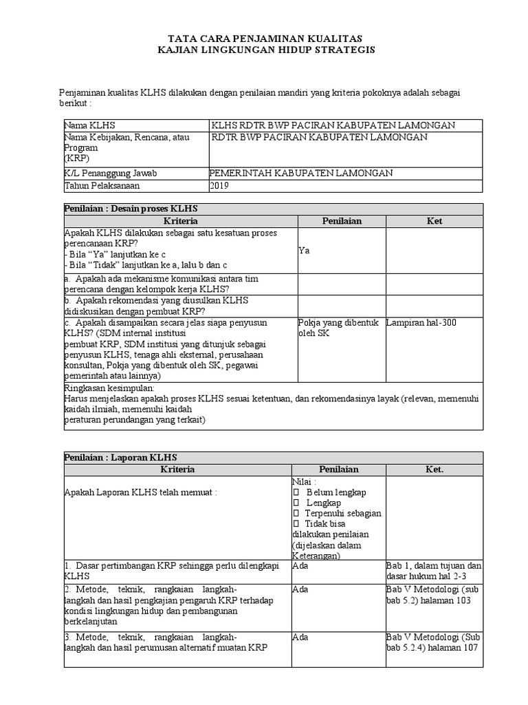 (Lembar Kerja) Penjaminan Kualitas KLHS RTRD KELOMPOK | PDF | Karier ...
