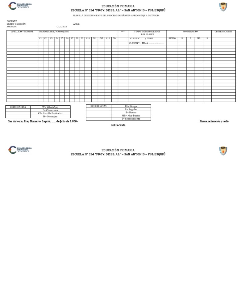 Planilla de Seguimiento Del Proceso Enseñanza Esc 264 Def 2 | PDF Planilla de Seguimiento Del Proceso Enseñanza Esc 264 Def 2 | PDF